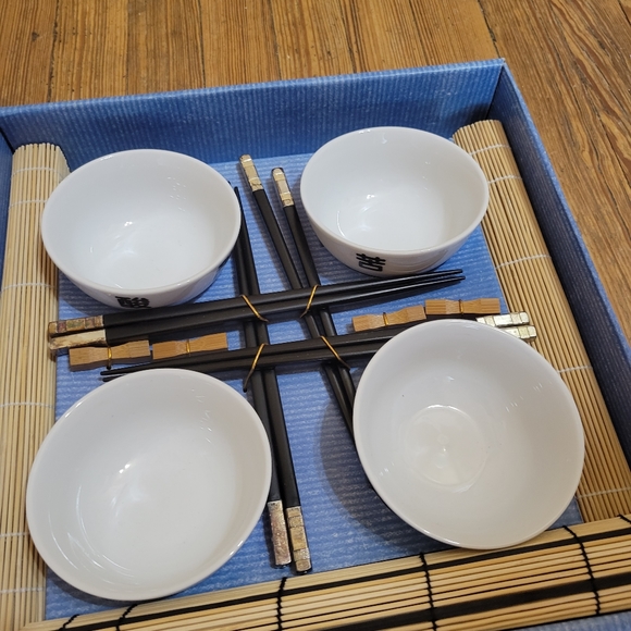 Dining | Rice Bowl Bamboo Place Mat And Black Lacquer Chop Sticks Set ...